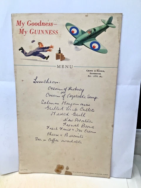 ORIGINAL GUINNESS MENU CARD, JOHN GILROY SPITFIRE, 1940s £65.00 ...