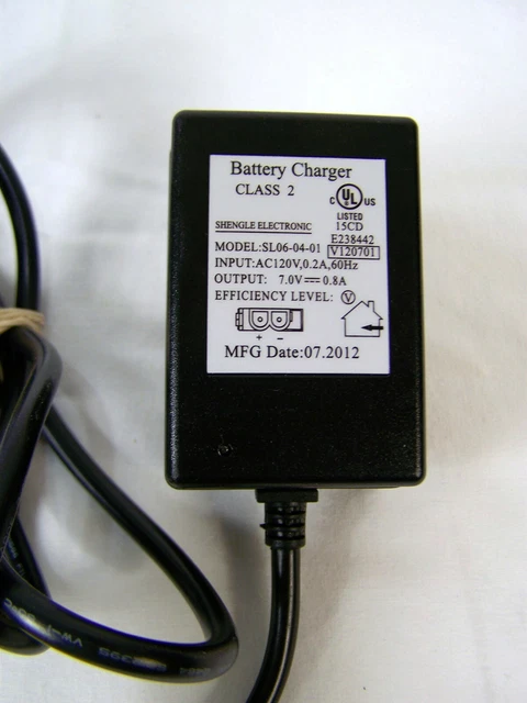 BATTERY CHARGER CLASS 2 Shengle Electronic AC 120V, 0.2A 7.0V 0.8A $25. ...