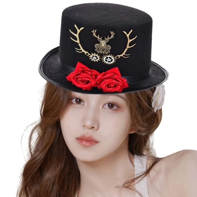 GOTHIC FEDORA HAT Flat Top Hat Steampunk Gear Hat Cosplay Party Costume ...