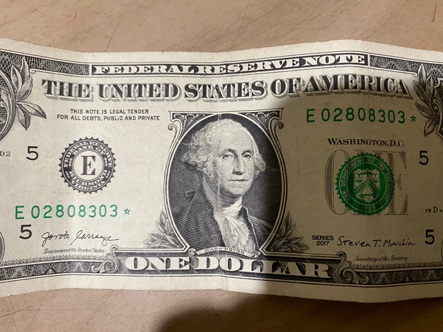 $1, ONE DOLLAR Bill Star Note 2017 E02808303 * Duplicate Serial Number ...