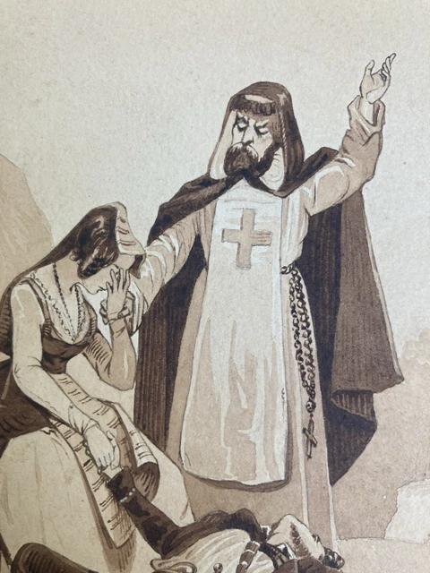 VERY BEAUTIFUL DRAWING ink Lavis 19th century paper religion dead woman ...