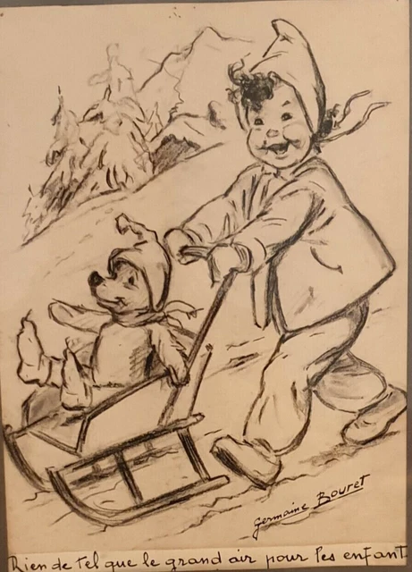 GERMAINE BOURET DESSIN ORIGINAL FUSAIN LEGENDE SIGNE 1950 - HIVER NEIGE ...