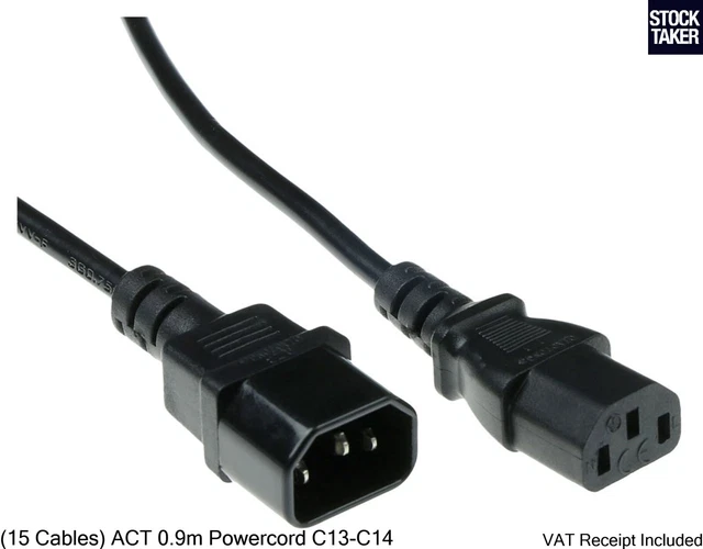 15 CABLES) ACT Powercord IEC C13 to C14 Black 0.9m Power Kettle Lead ...