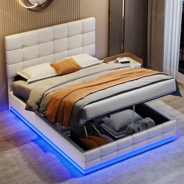 OTTOMAN GAS LIFT Up Bed With LED 4ft6 Double Bed Faux Leather Modern ...
