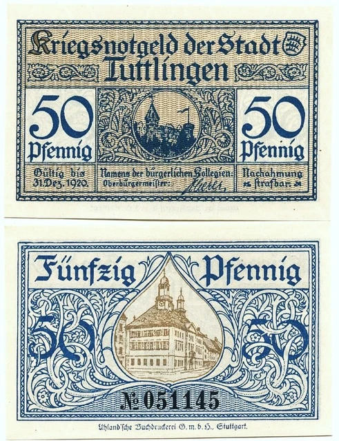 TUTTLINGEN 1918: &RATHAUS 🔸 Ruine Hohberg", 50 Pfg. FEHLDRUCK EUR 1,00 ...