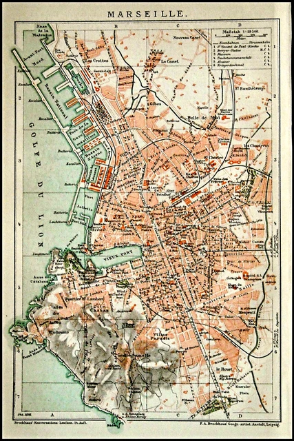 1893.ORIG.GEOGRAPHICAL MAP.MARSEILLE-MARSIGLIA FRANCIA FRANCE.Brockhaus ...