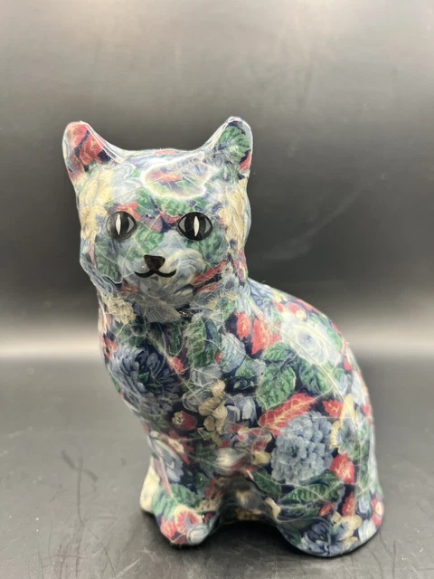 VINTAGE CERAMIC GLAZED Fabric Decoupage Plaster Cat Figurine Floral 6 ...