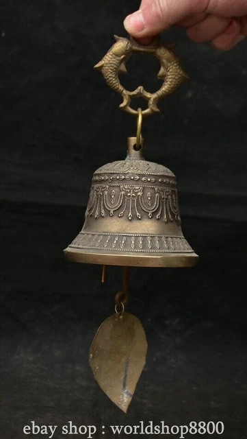 10.4& OLD TIBET Copper Buddhism Temple Double Fish Aeolian bells ...