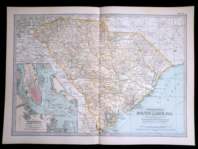 EDWARDIAN SOUTH CAROLINA, America, USA Map (1902) ex Century Atlas of ...