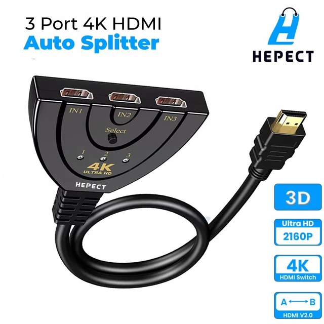4K HDMI 2.0 Cable Auto Switch Switcher Splitter Adapter 3 In to 1 Out ...