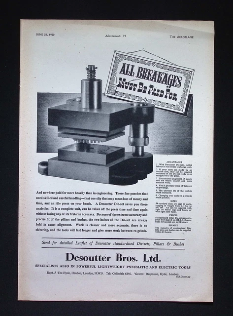 ORIGINAL 1940 ADVERT Desoutter Bros. Engineering Die-sets £14.99 ...