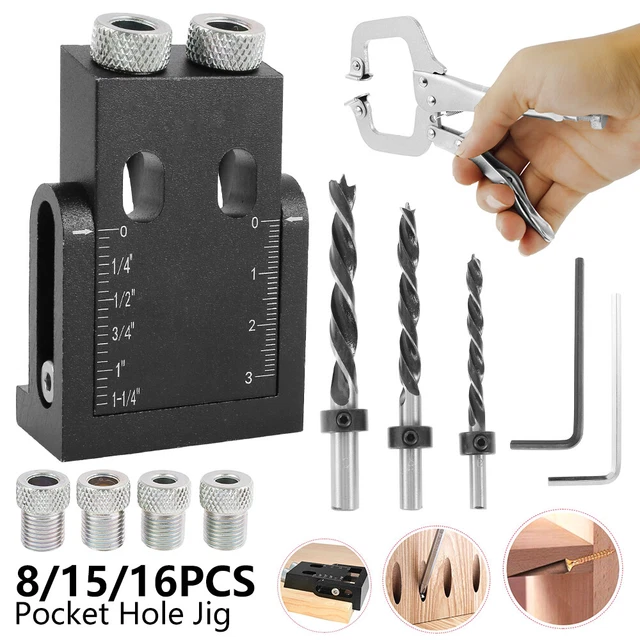 16X 15° POCKET Hole Screw Jig Dowel Drill Set Wood Tool kit Angle Hole ...