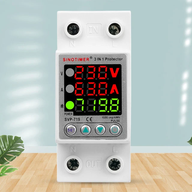 220V 63A ADJUSTABLE Over Under Voltage Protective Relay Din Rail Energy ...