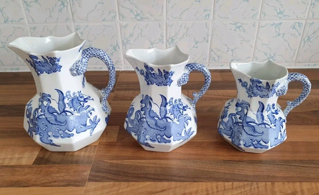 3 X C1845 Antique Masons Ironstone Blue Dragons Pattern Hydra Jugs £104 ...