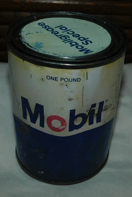 ANCIEN BIDON D'HUILE . POT DE GRAISSE MOBIL PEGASE 0,5kg . GREASE OIL ...