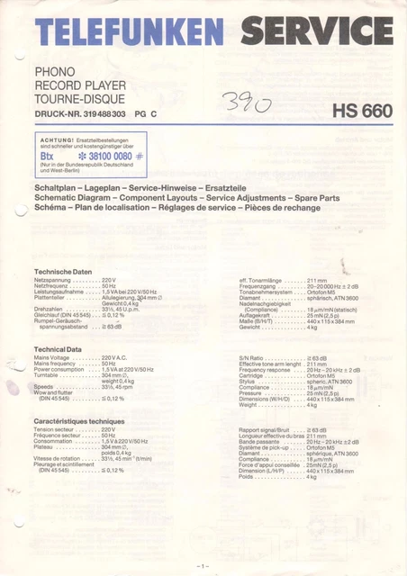 TELEFUNKEN - HS 660 - Plan Service Notes - B3842 EUR 7,90 - PicClick FR