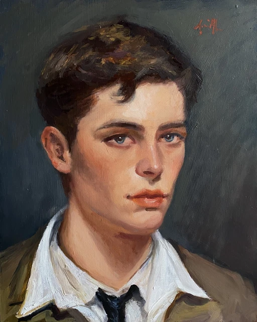ORIGINAL OIL PAINTING Dark Haired Young Man Portrait Edwardian Framed ...
