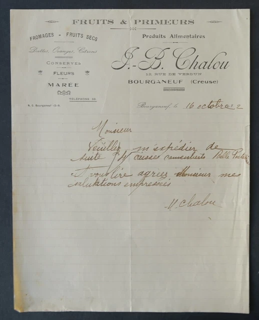 FACTURE BOURGANEUF 1932 CHALOU fromage camembert datte citron billhead ...