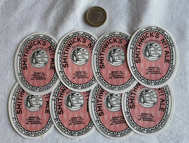 8 GENUINE OLD IRISH BEER LABELS - SMITHWICKS NO 1 ALE LETTERKENNY 40 ...