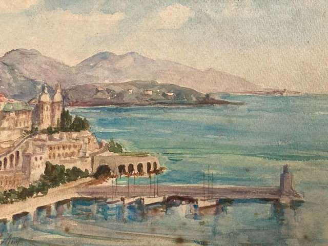 TRÈS BELLE AQUARELLE Fin 19e Mer Cap Martin Monte Carlo Art ville à identifier EUR 165,00 ...