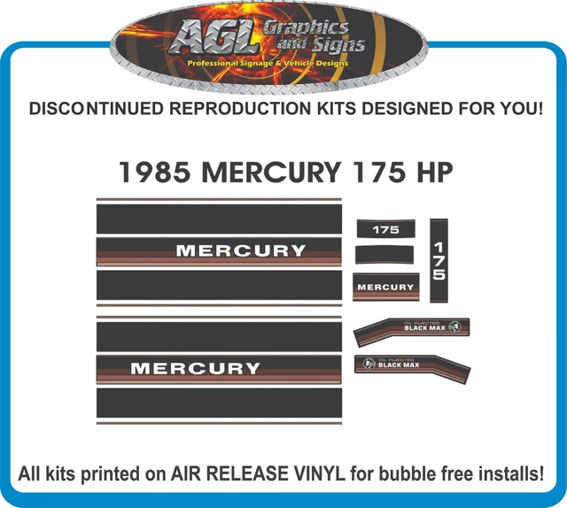 1985 MERCURY 175 BLACK MAX V6 Outboard Decals Reproductions $84.99 ...