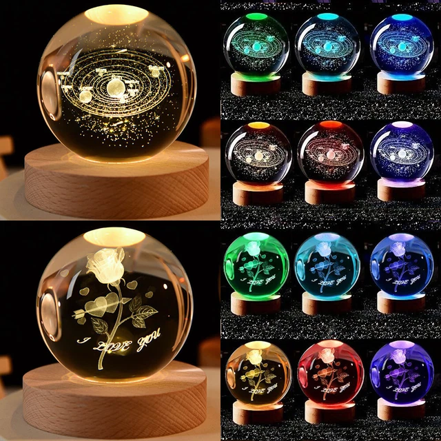 USB 3D SOLAR System Galaxy Rose Night Light LED Crystal Ball Table Lamp ...