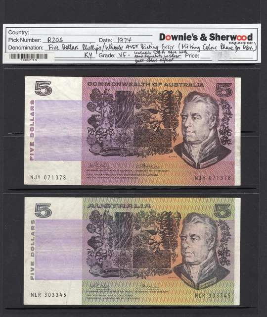 AUSTRALIA 1974 $5 Five Dollars Printing Error Missing Simultan Colour ...