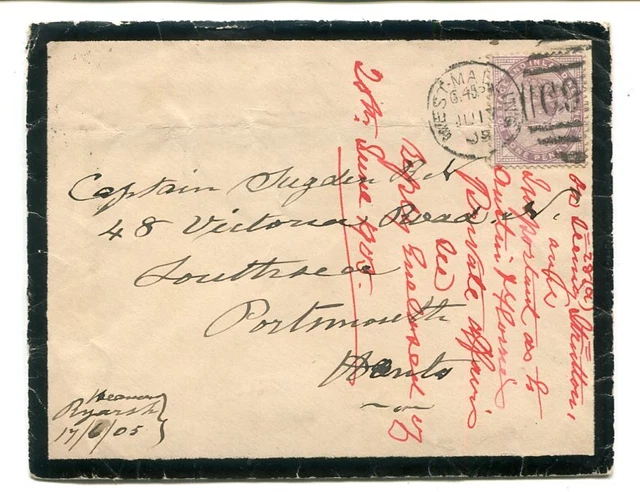 GB 1905 1D lilac Mourning Cover “WEST MALLING duplex to Portsmouth via ...