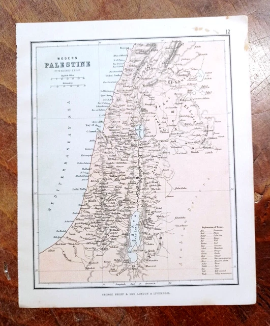 OLD MAP ANTICA mappa ISRAELE MODERN PALESTINE JERUSALEM JAFFA GAZA DEAD ...
