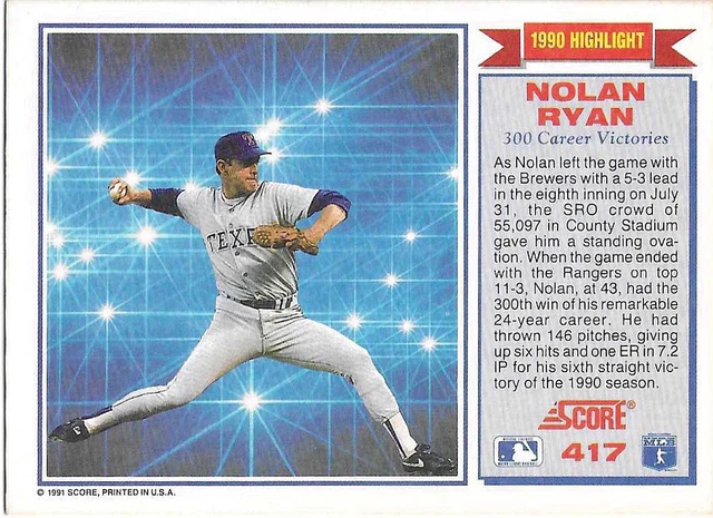 1991 SCORE 1990 Highlight Nolan Ryan « 300 victoires de carrière ...