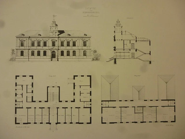 ORIG. MUSTERTAFEL: ENTWURF eines Krankenhauses. Aus der Mappe " Schüler ...