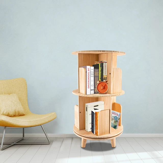 2 TIER ROTATING Bookshelf Pine Wood 360° Revolving Bookcase Floor ...