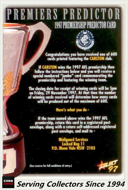 1997 SELECT ULTIMATE AFL Cards Premiership Predictor Card CC3 Carlton ...