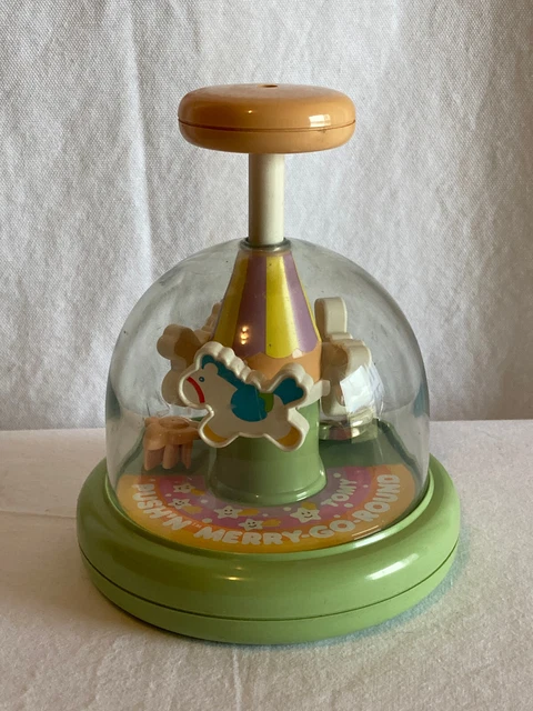 VINTAGE PUSH N Merry Go Round Carousel Toy Ponies Ding Bell Spin Tomy ...
