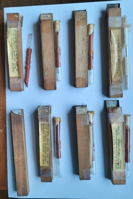 VINTAGE 1950S MEDICAL blood sample containers, & box of glass ampoules ...