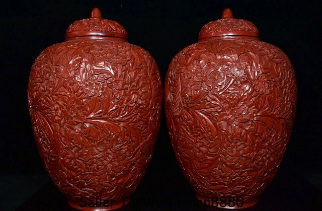 14& QIANLONG MARKED Old Red Lacquerware Phoenix Birds Flower Pot Jar ...