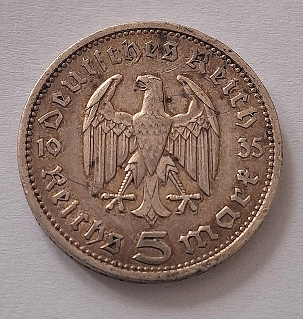 WWII GERMAN PAUL Von Hindenburg 5 Reich Mark Silver Coin 1935 ...