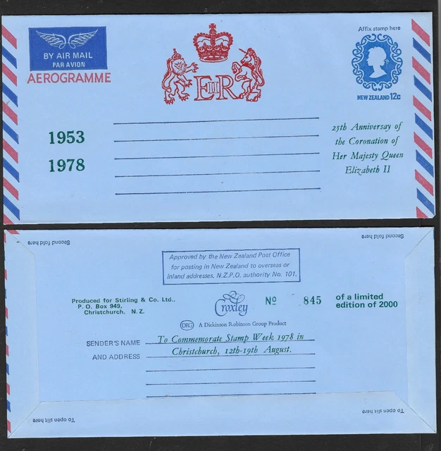 NEW ZEALAND 1978 Aerogramme 25th Anniv QUEEN CORONATION Overprint Mint ...
