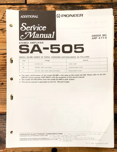 PIONEER SA-505 AMPLIFIER Add. Service Manual *Original* $9.97 - PicClick