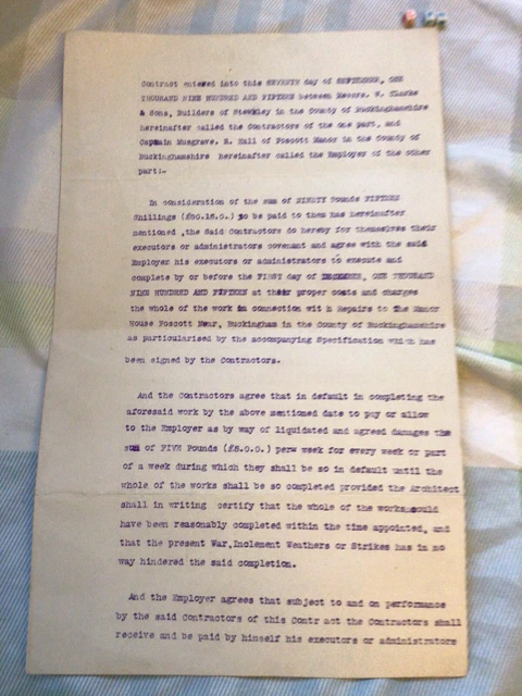 ANTIQUE FOSCOTT MANOR Works Contract , Captain Musgrave Hall 1915 £20. ...