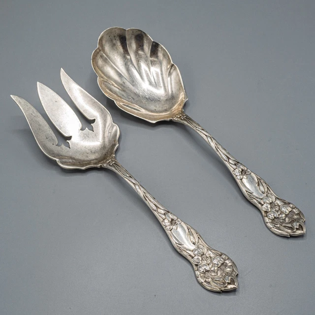 WATSON LILY STERLING Silver Salad Servers Fork & Spoon Set 8 3/4" No ...