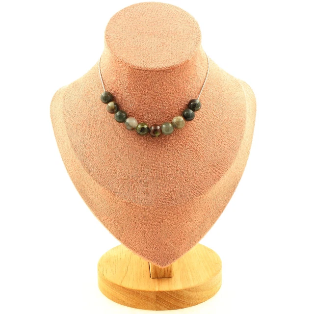 PIERRES ET MINÉRAUX. Collier 10 perles Jaspe sang de Dragon 8 mm. Chaine en aci EUR 22,00 ...