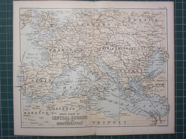 1887 ANTIQUE MAP ~ Route Chart Of Central Europe & Mediterranean France ...