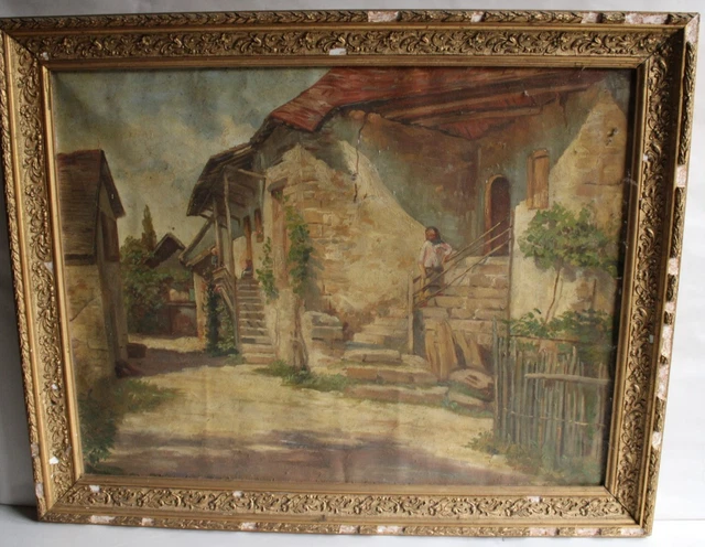 ANCIENNE HUILE SUR papier, village, ferme, paysan, époque 19ème, EUR ...