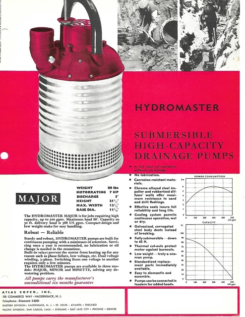 EQUIPMENT BROCHURE - Hydromaster - Major - Pump - c1960's - Atlas Copco ...