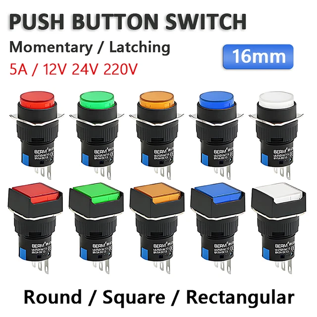 16MM PUSH BUTTON Switch Momentary Latching ON/OFF 5A 12V 24V 220V LED 1 ...