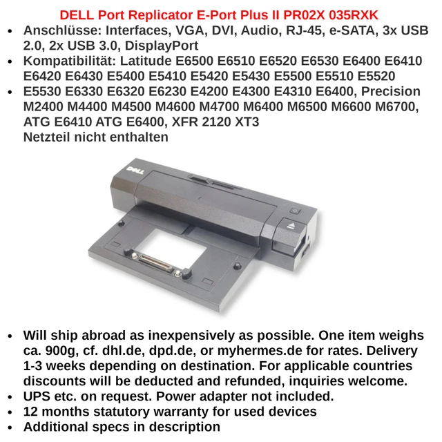 DELL PORT REPLICATOR E-Port Plus II PR02X USB 3.0 Docking Station ...