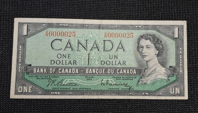 1954 CANADA BEATTIE Rasminsky BC-37b $1.00 Banknote Low Serial Number ...