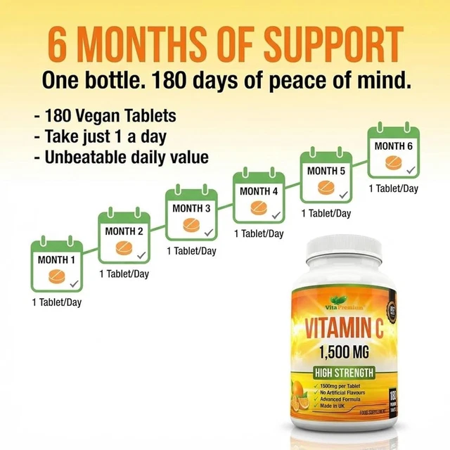 VITAMIN C 1500MG per Tablet, High Strength 180 Vegan Tablets, Food ...