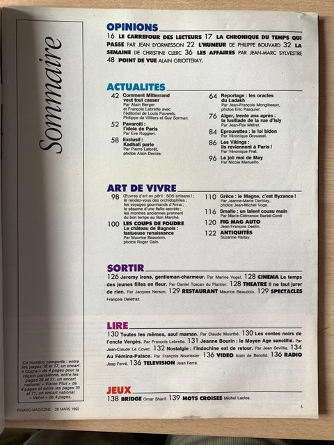 LE FIGARO MAGAZINE 28/03/1992; Pavarotti/ Khadafi parle/ Algérie 30 ans ...